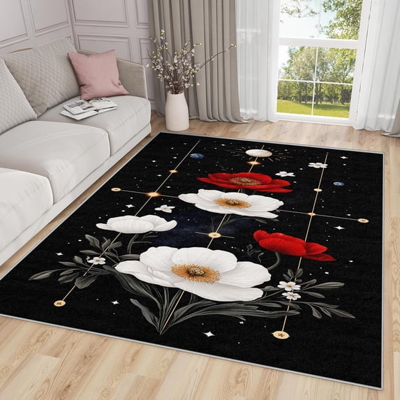 Celestial Floral Area Rugs, White Red Star Flower Carpet, Washable Non ...
