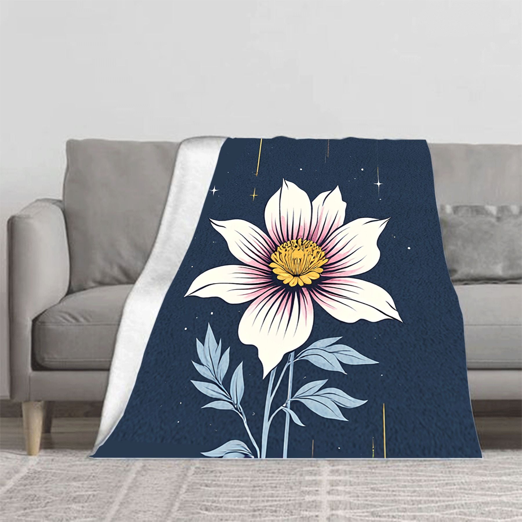 Celestial Floral Flannel Blanket - Soft Warm Cozy Design with White and ...