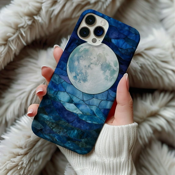 Celestial Full Moon Stained Glass Phone Case with a Dark Azure ...