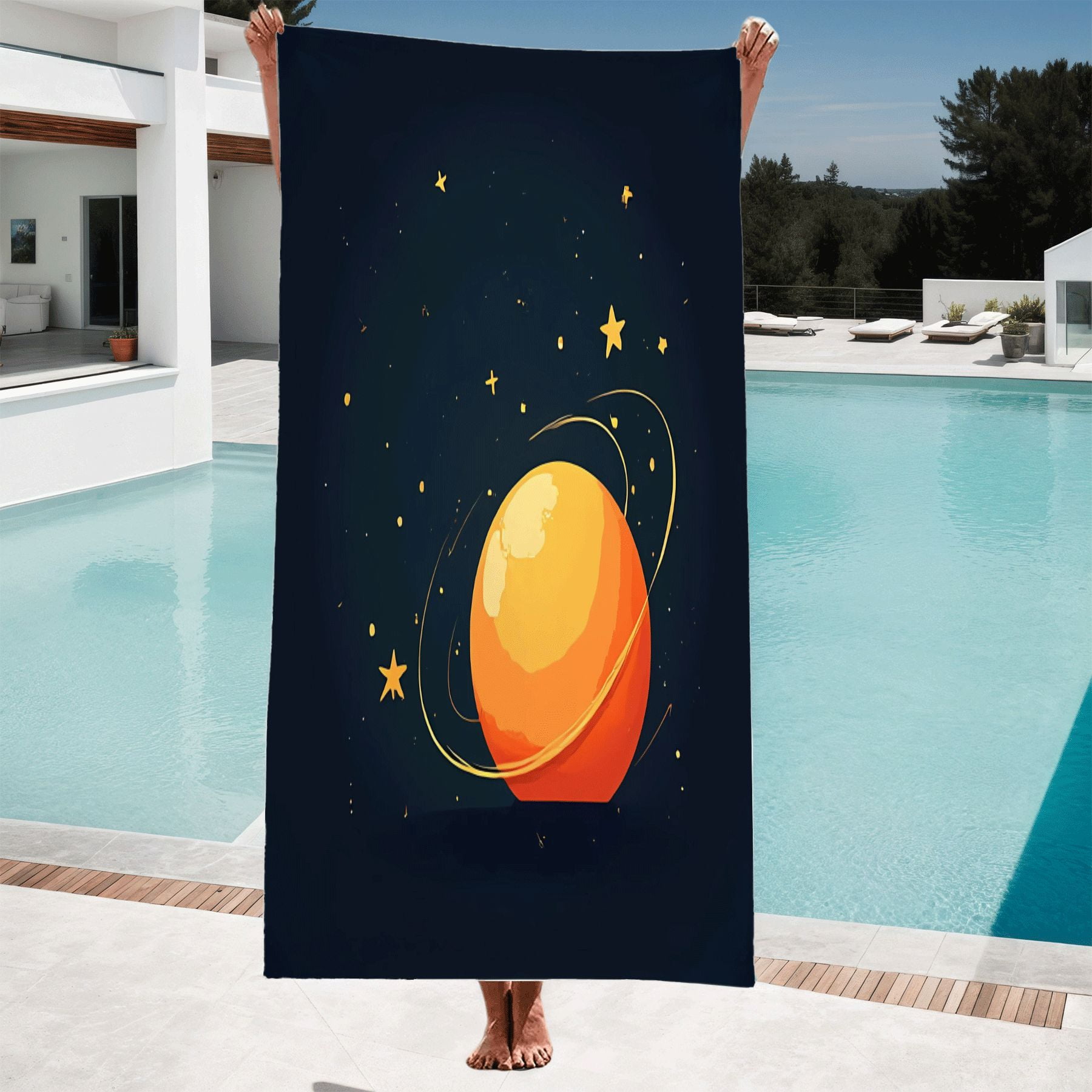 Celestial Glow Beach Towel - Vibrant Orange Planet Design with Golden ...