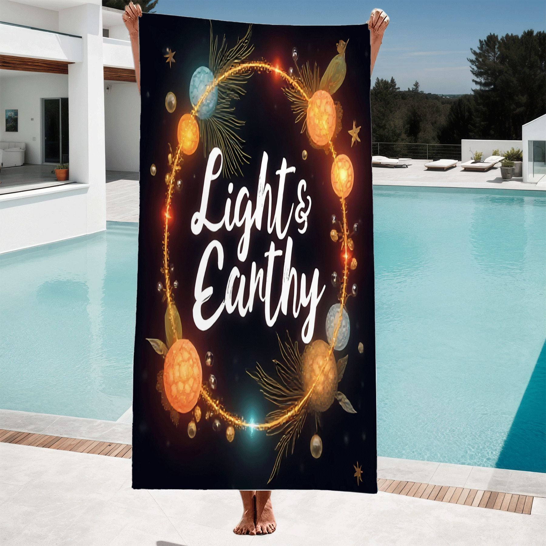 Celestial Glow Beach Towel - Vibrant Orange & Yellow Lights with Stars ...