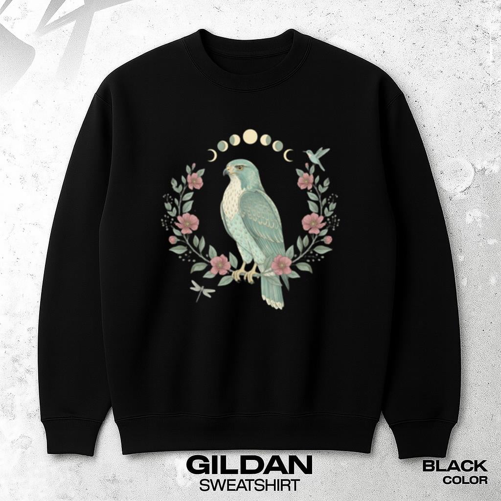 Celestial Hawk Moon Phases Floral Witchy Aesthetic Retro Art Style ...