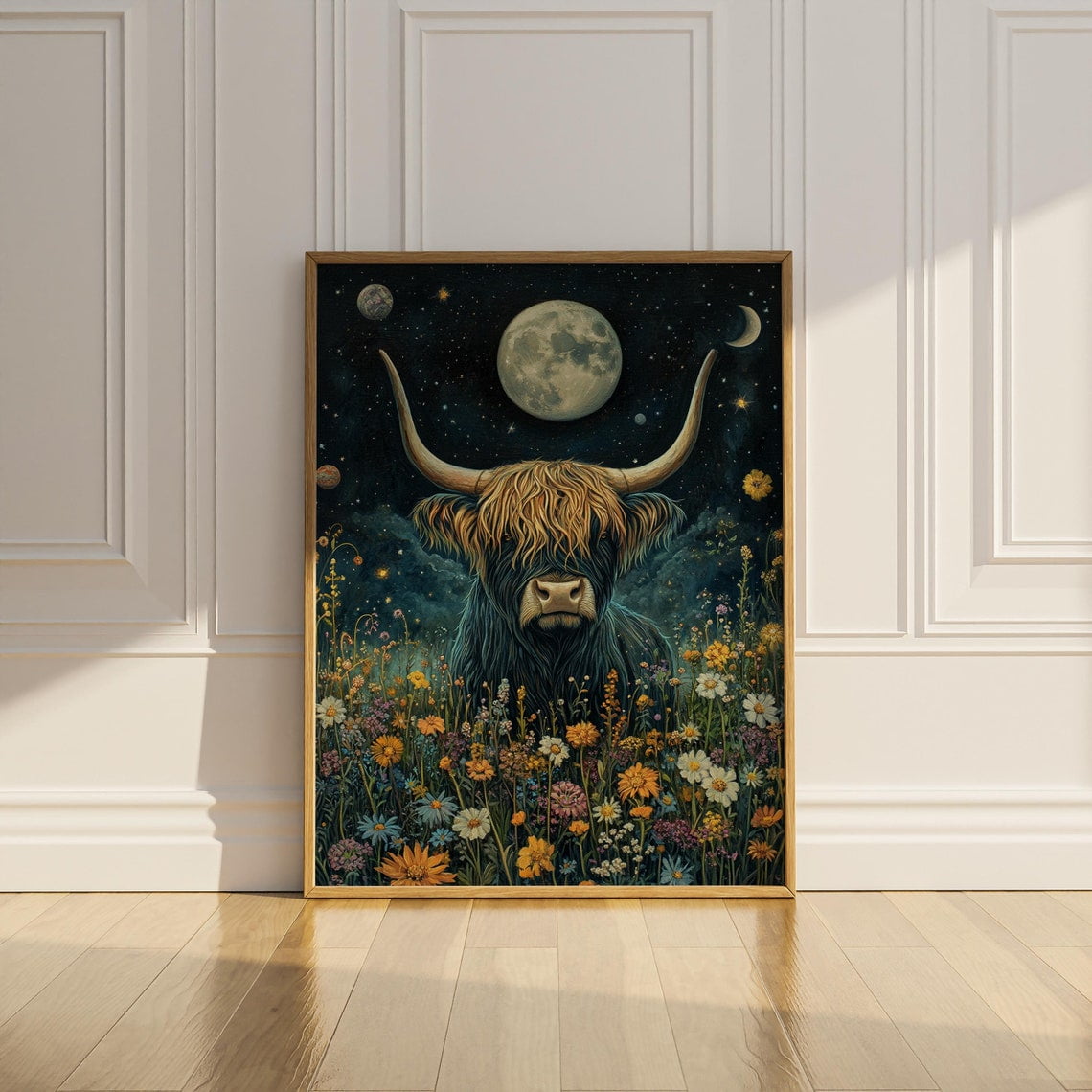 Celestial Highland Cow Wildflowers Wall Art Full Moon Printable Floral ...