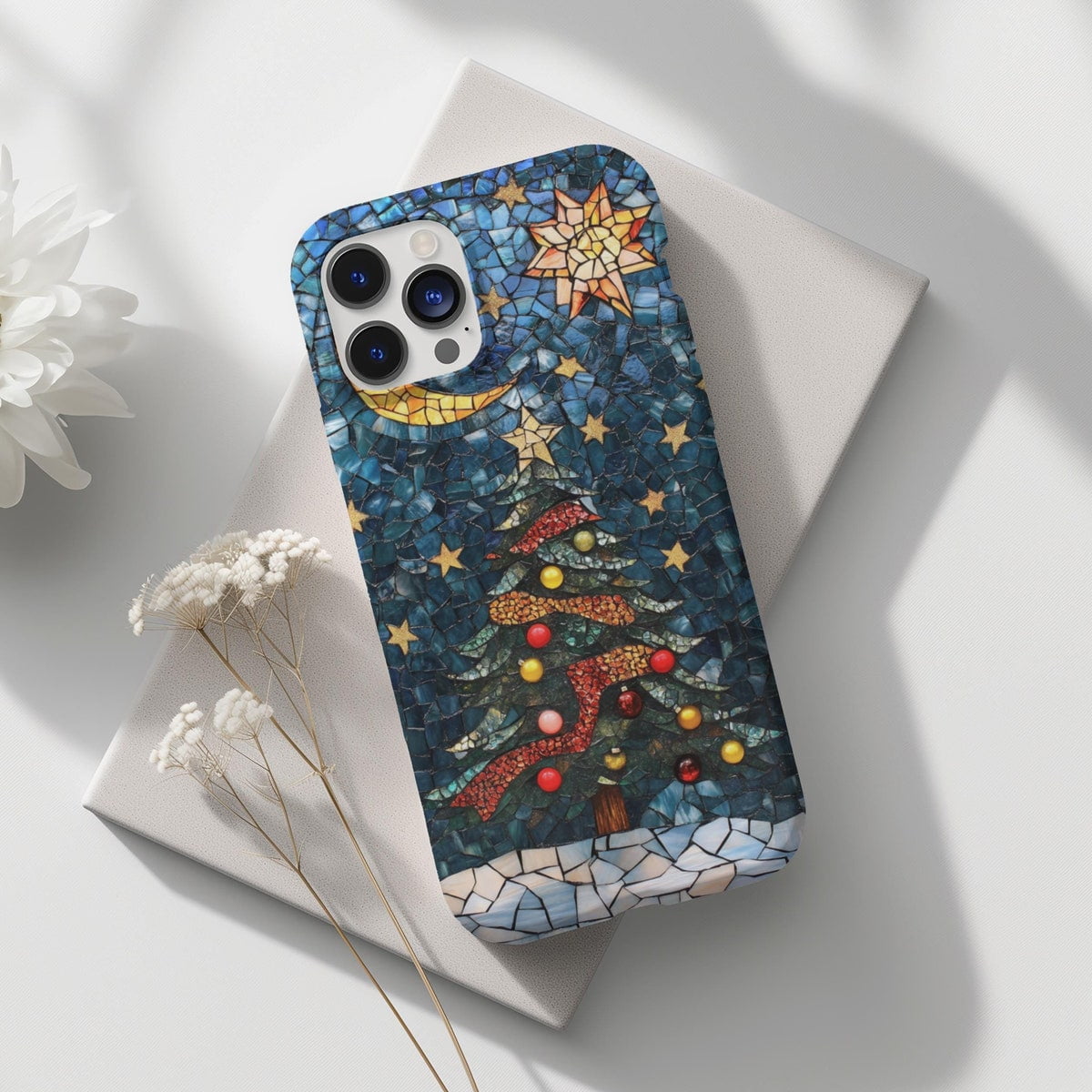 Celestial Holiday Tree Winter Moon Star Phone Case with iPhone 17 to 11 ...