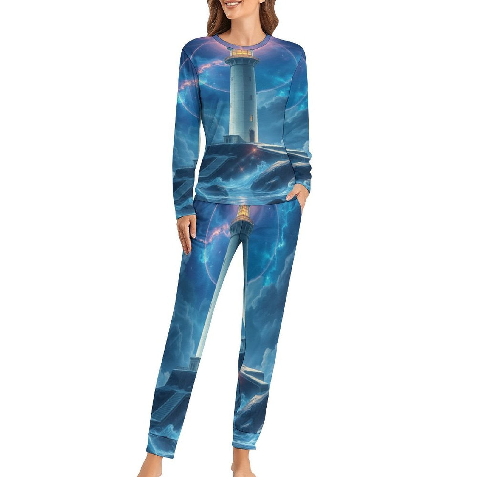 Celestial Lighthouse Beacon Pajamas Woman Two Piece Design Long Sleeves Oversize Pajama Sets ...