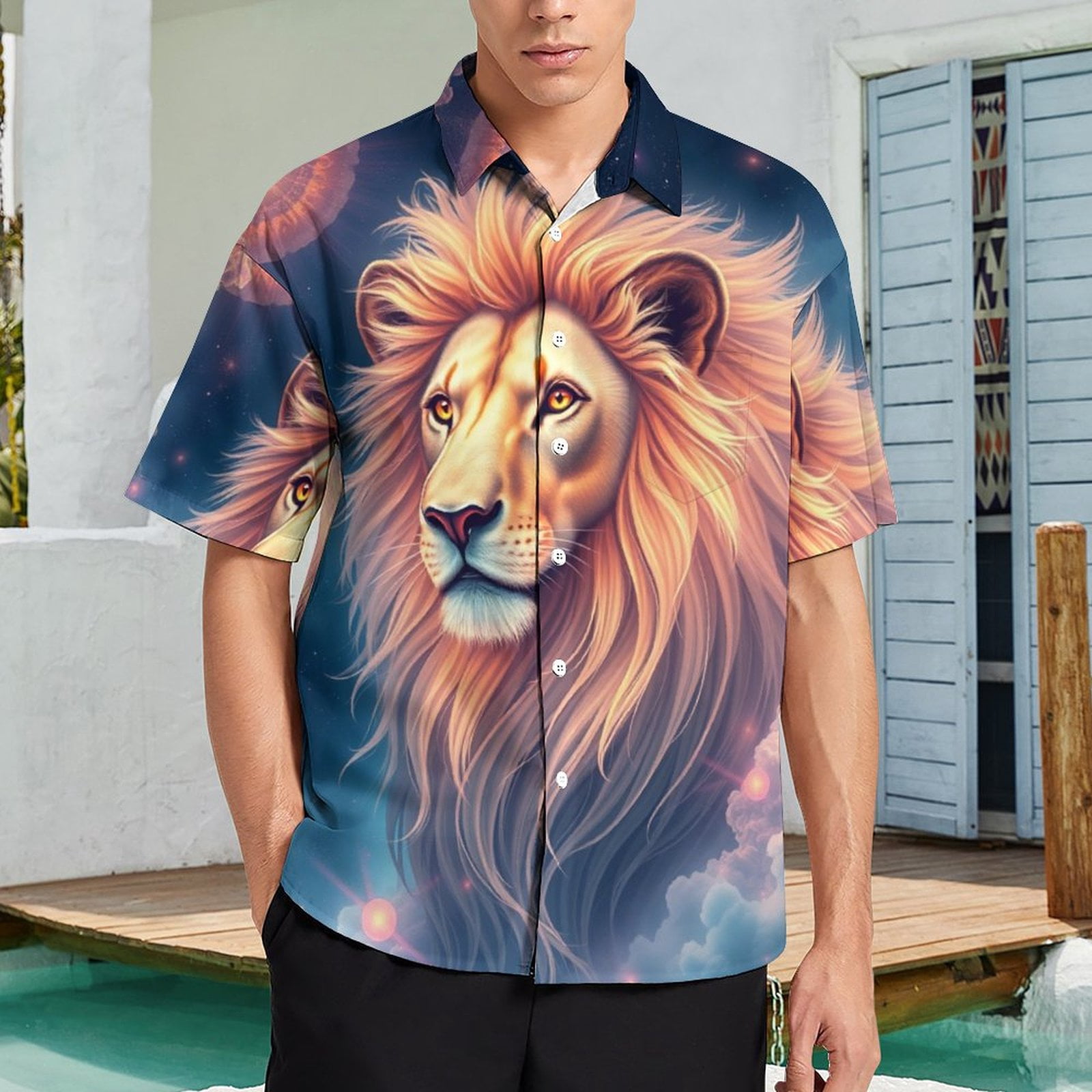 Celestial Lion Portrait Art Male Retro Print Casual Shirts Hawaiian ...