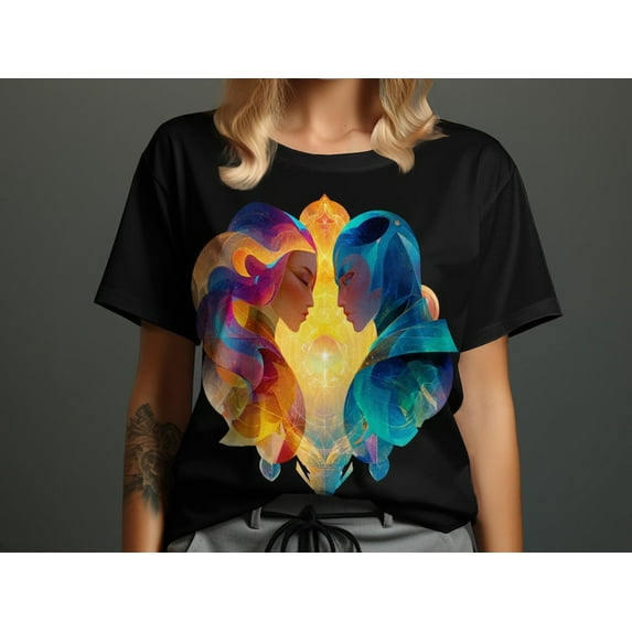 Celestial Lovers Graphic Tee with Artistic Abstract Faces and Spiritual ...