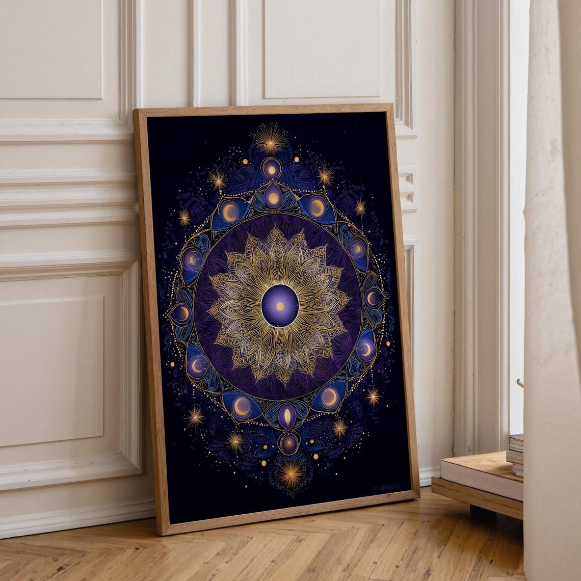 Celestial Mandala Blue Gold Astrology Moon Phase Décor Spiritual Luxury ...