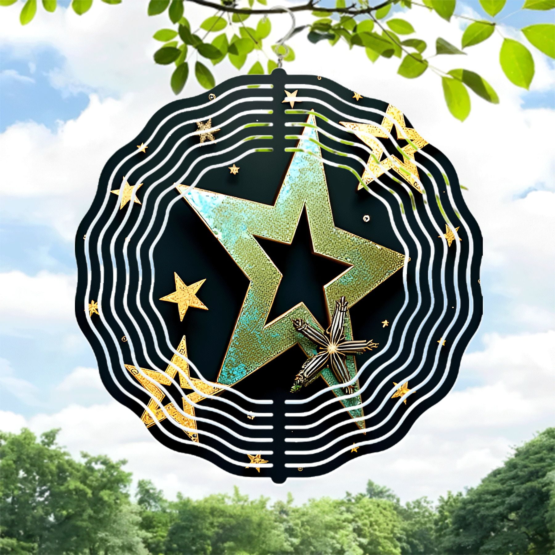 Celestial Metal Hanging Wind Spinners & Chimes - Textured Green Star ...