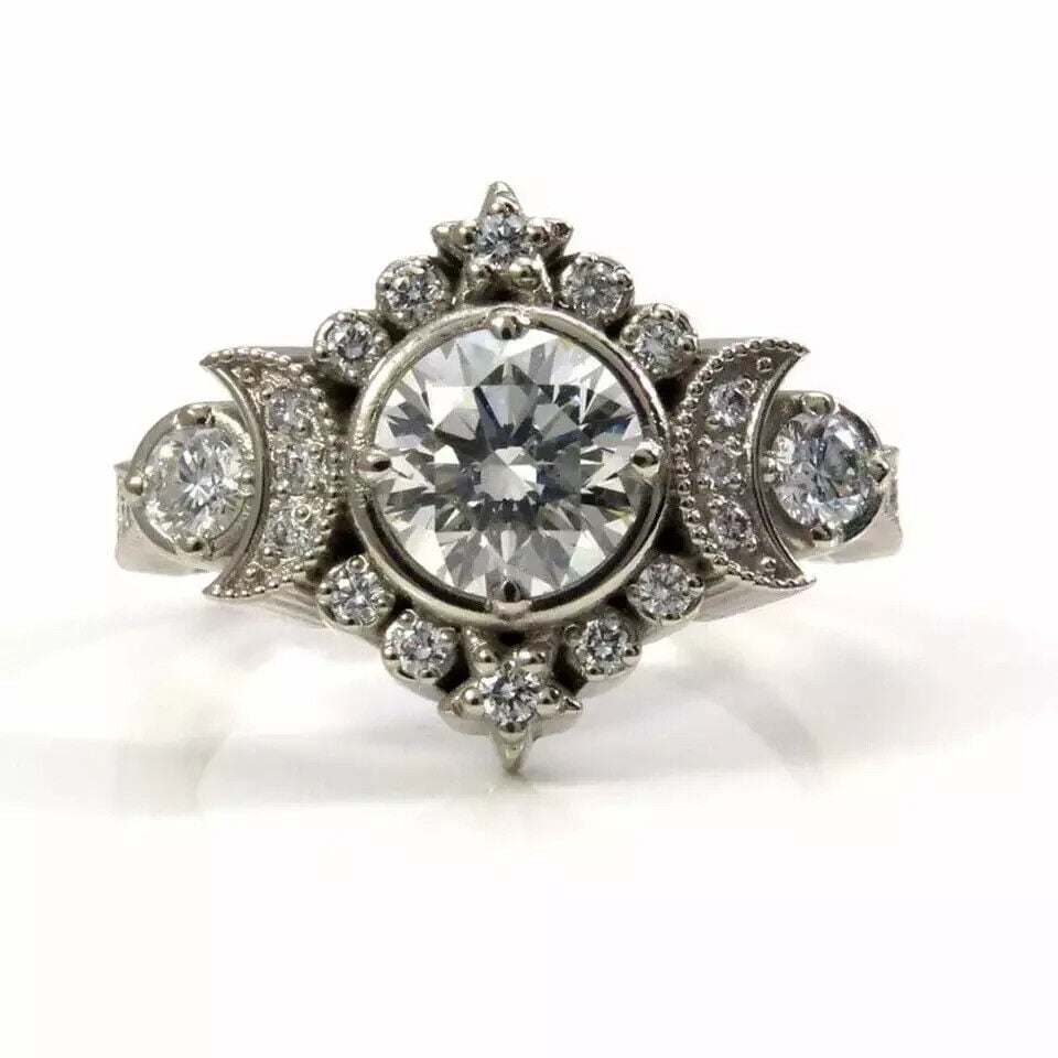 Celestial Moon And Star Engagement Ring 2.3 Ct Diamond 14K White Gold ...