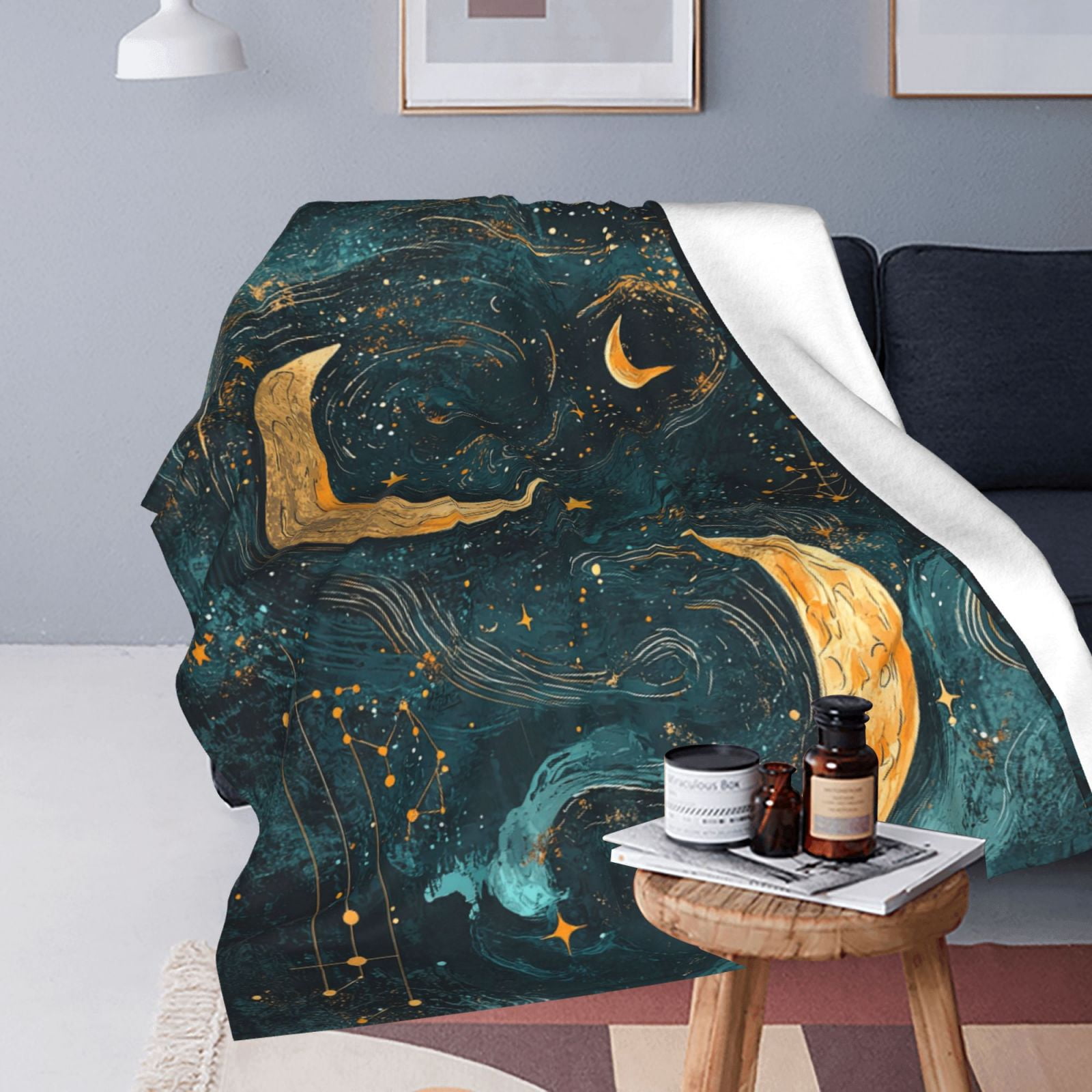 Celestial Moon Blanket Stars Constellations Galaxy Teal Gold Aesthetic ...