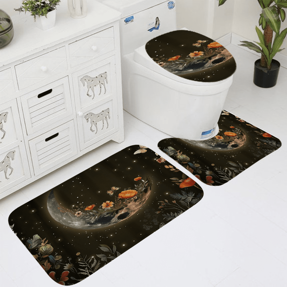 Celestial Moon & Floral 3-Piece Bath Rug Set, Non-Slip Polyester ...