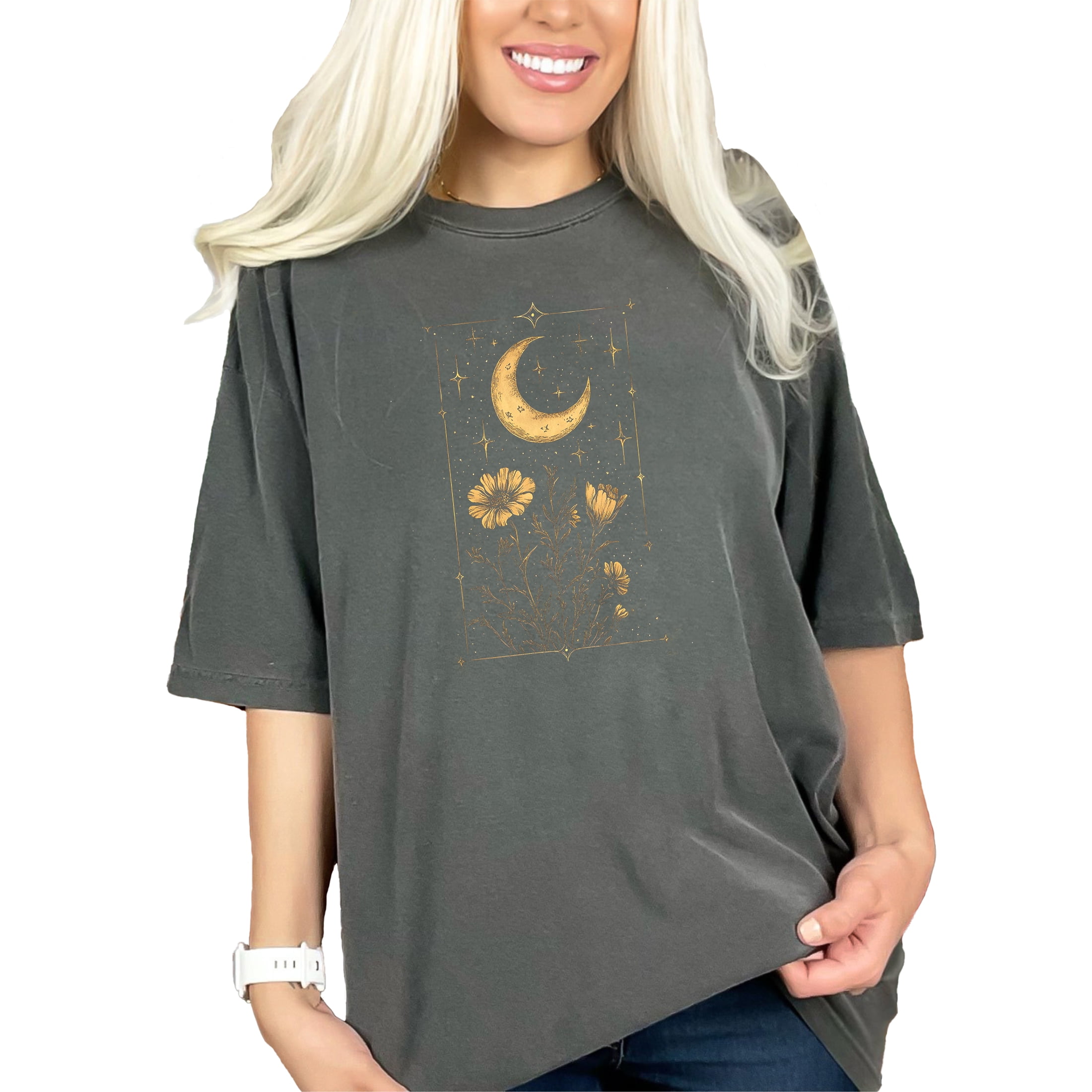 Celestial Moon and Floral Graphic Tee, Moon Phases T-Shirt, Celestial Garden Shirt, Cosmic ...