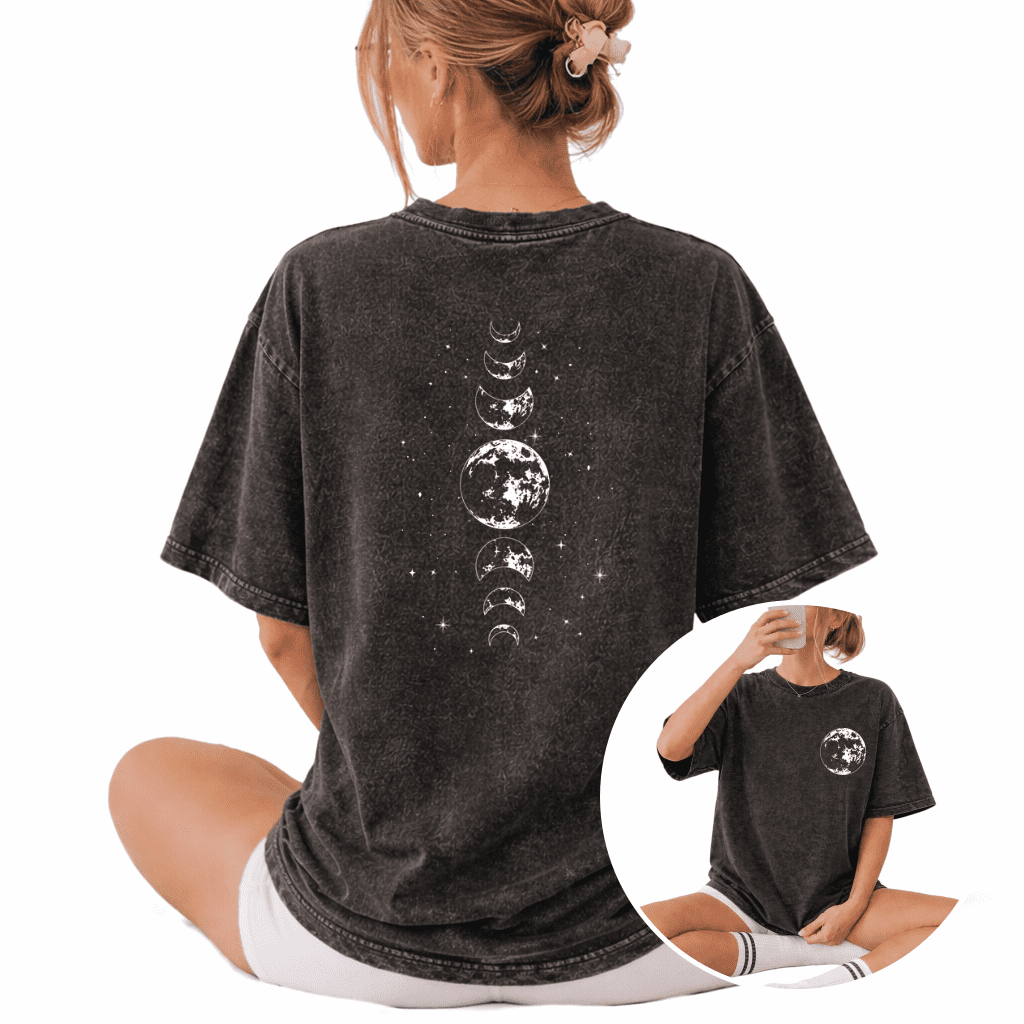 Celestial Moon Phase Cycle Wash Print Tshirt S-2XL Washed Black Graphic ...