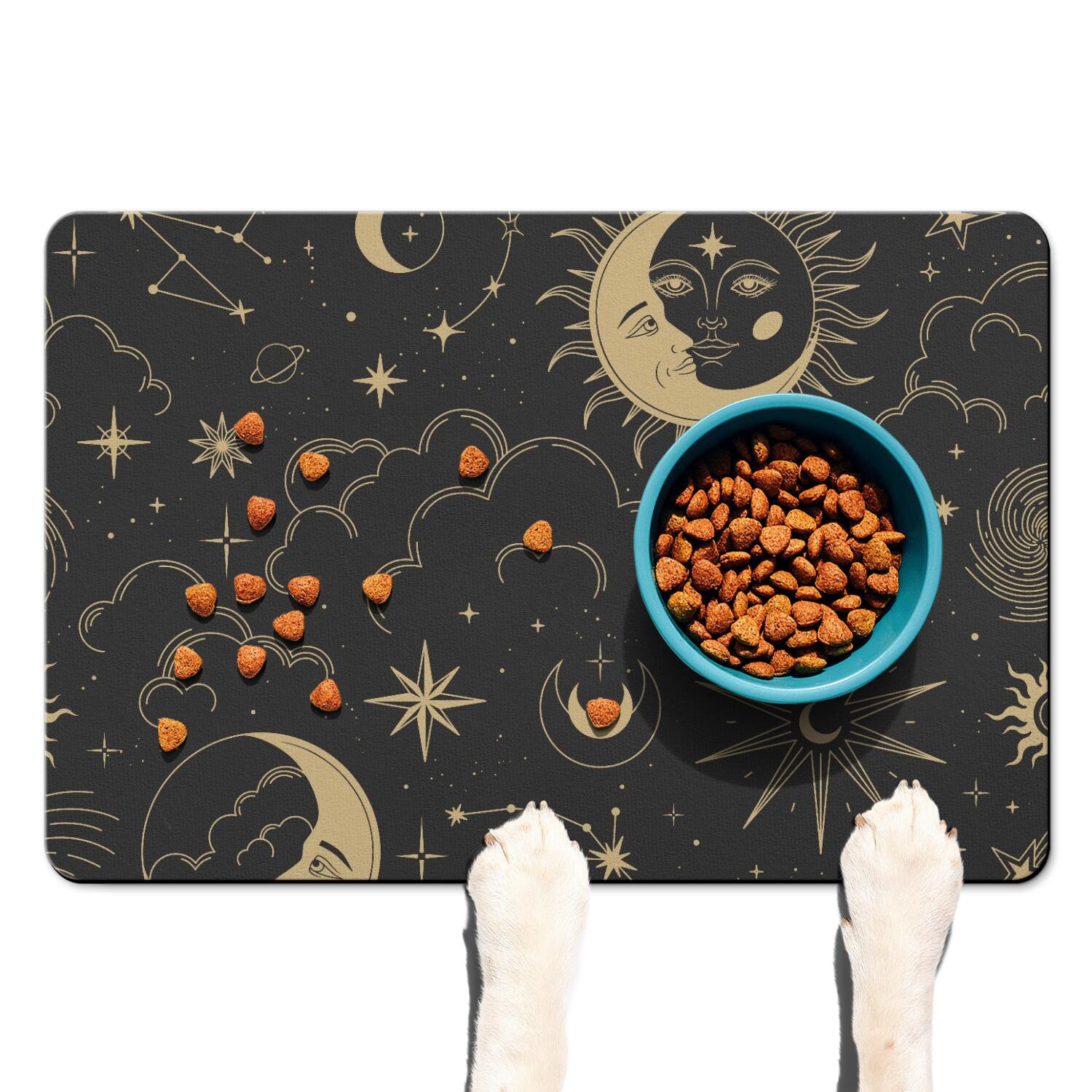 Celestial Moon Phase Dog Food Mat - Bohemian Starry Night Pet Feeding ...