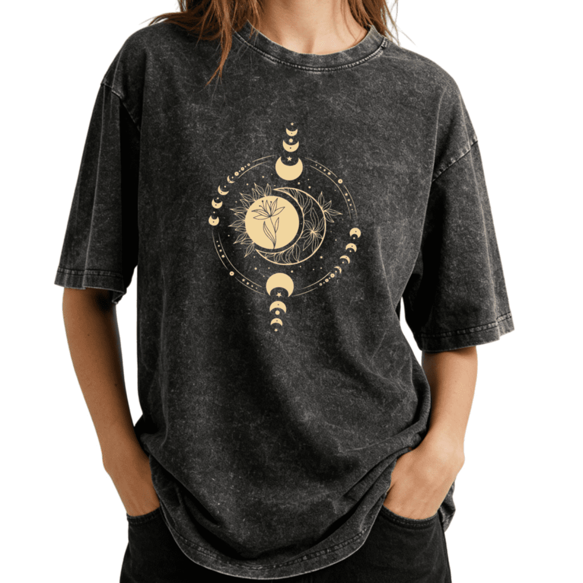 Celestial Moon Phase Lotus Flower Line Art Wash Print Tshirt S-2XL ...