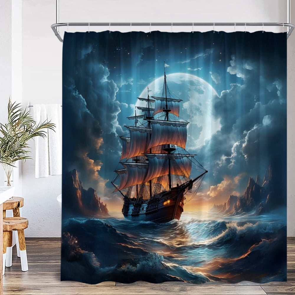 Celestial Moon Shower Curtain Starry Night Cloud Sea Ocean Sailboat ...