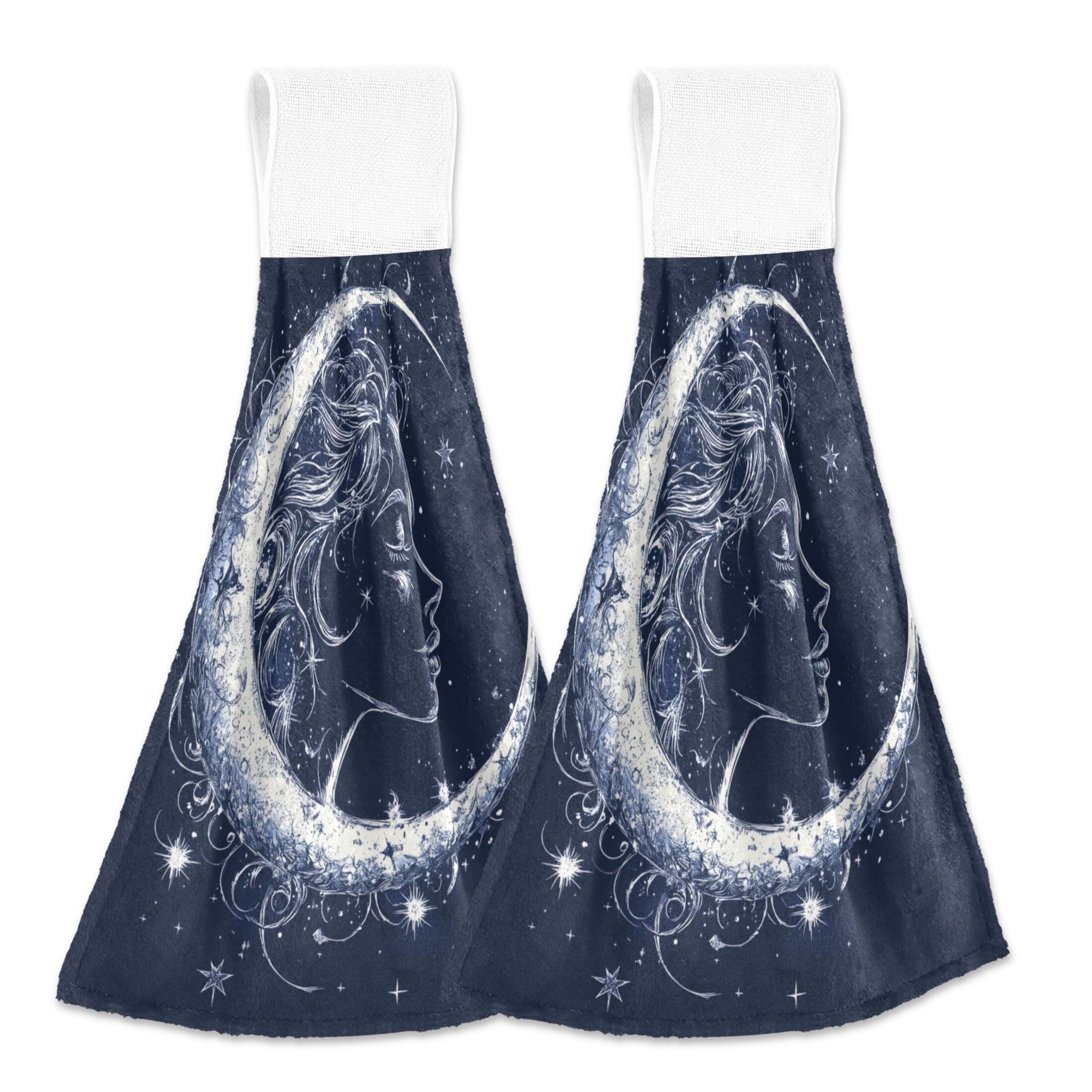 Celestial Moon Star Beautiful Side Face Hanging Towels with Loop Hand Towels Nylon Fastener Tape ...