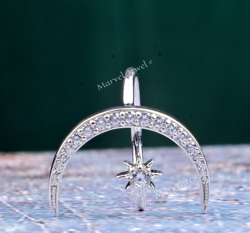 Celestial Moon And Star Diamond Engagement Ring, Open Cuff Diamond Ring, 1.8 Ct Simulated ...