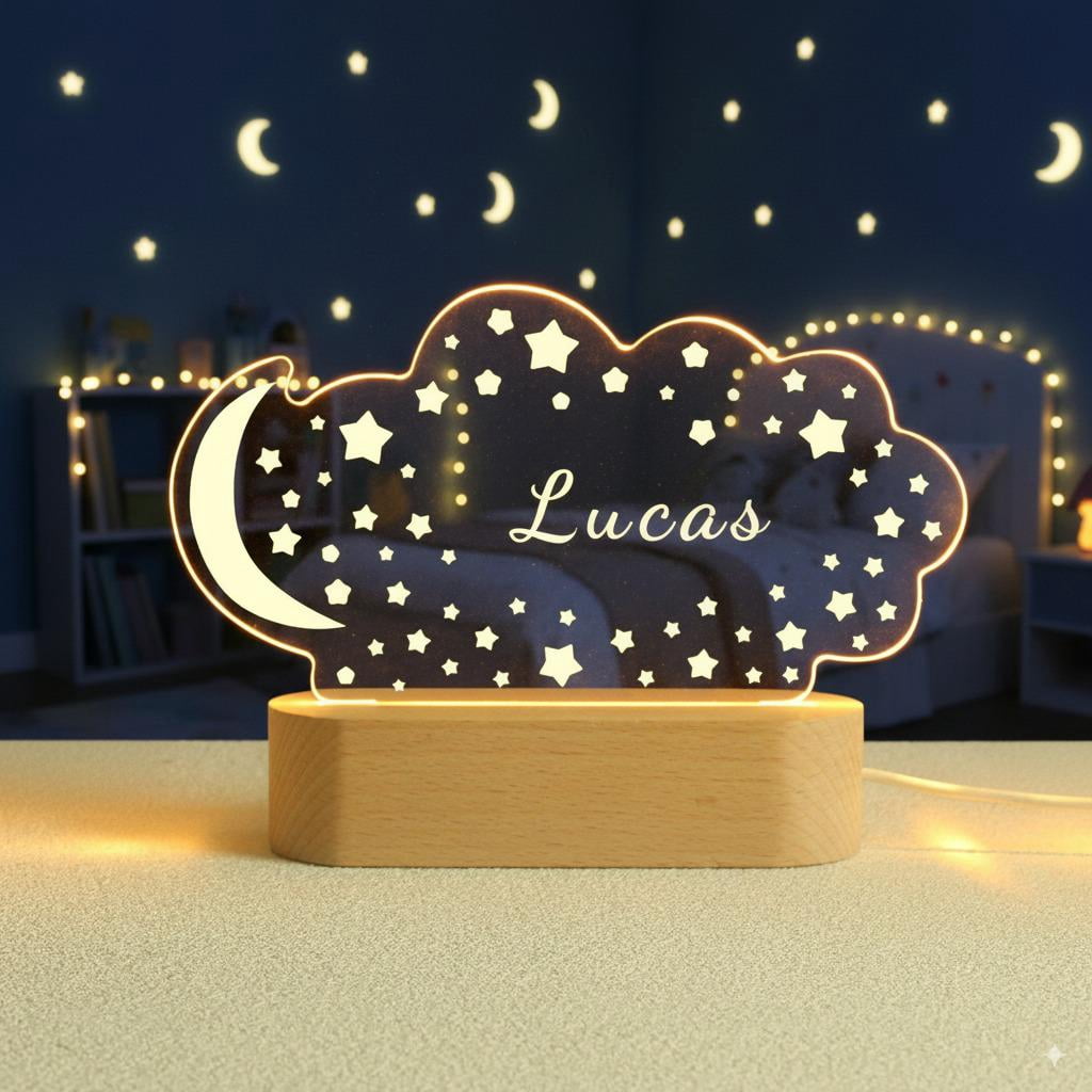 Celestial Moon Stars Clouds Custom LED Light Acrylic Board Wooden Base ...