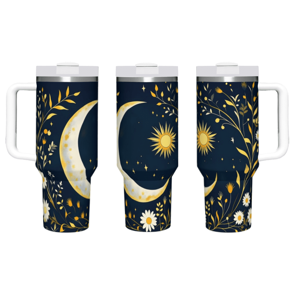 Celestial Moon Sun Floral 40oz Tumbler with Handle - Navy Blue & Gold ...