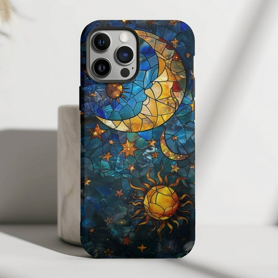 Celestial Moon Sun Stars Mosaic Phone Case with iPhone 17 to 11 Pro Max ...