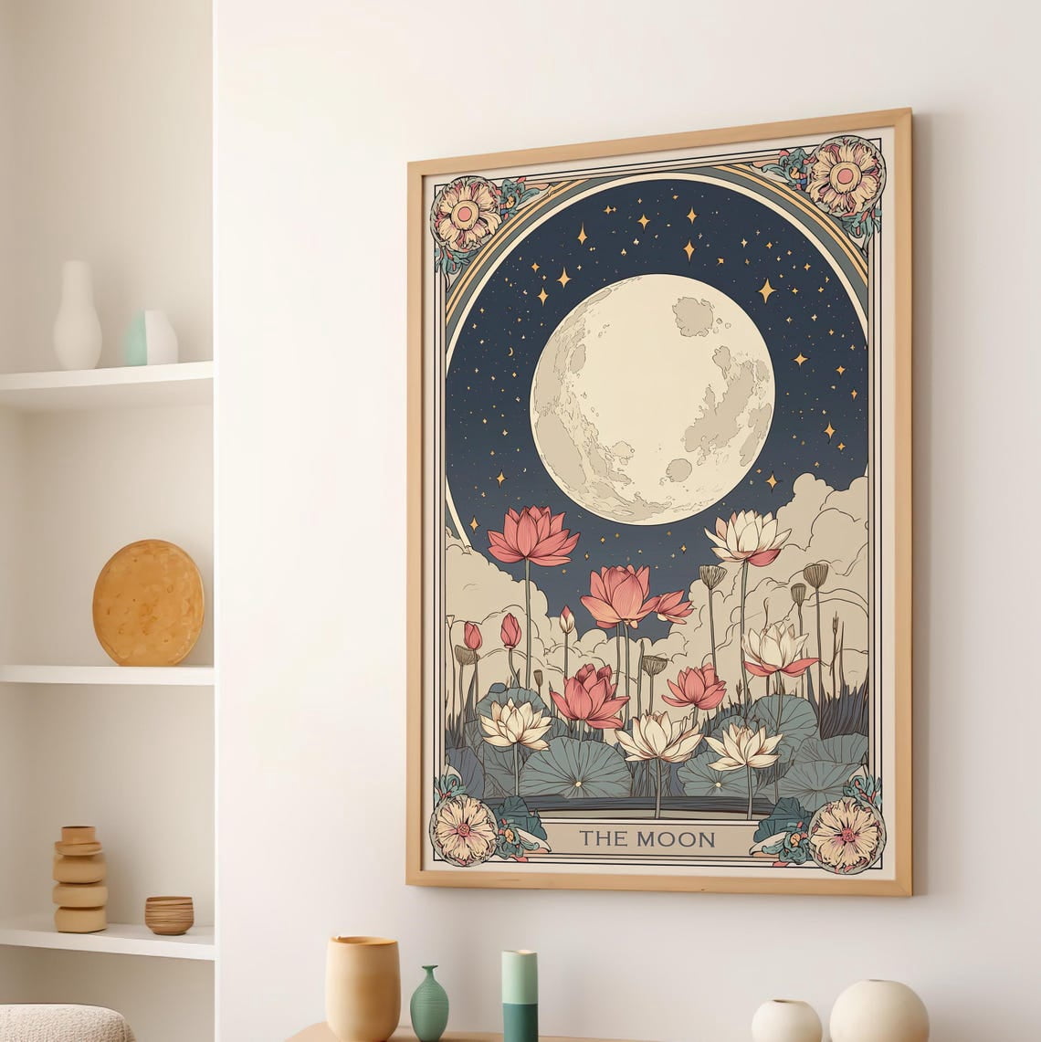 Celestial Moon Tarot Style Wall Art Mystical Floral Decor, Stretched ...