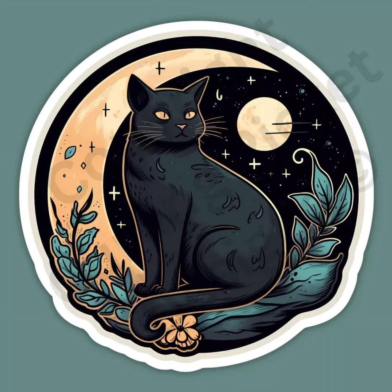 Celestial Moon With Black Cat Cute Sticker Phone Decal Water Bottle ...