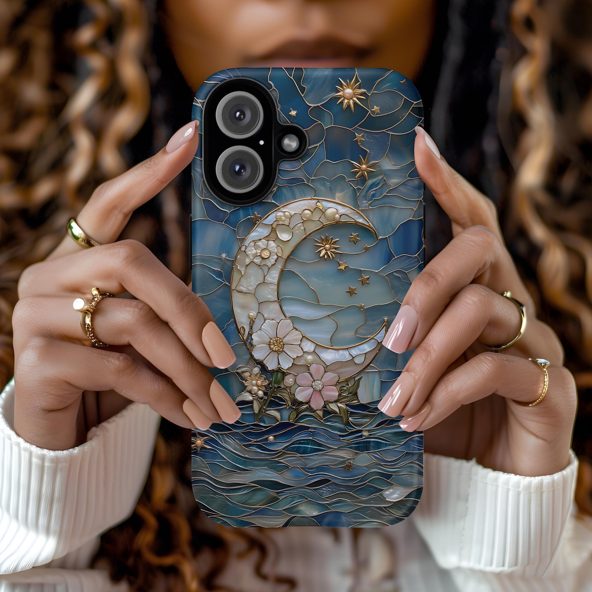 Celestial Moon and Stars Phone Case with Blue Boho Floral Aesthetic Art ...