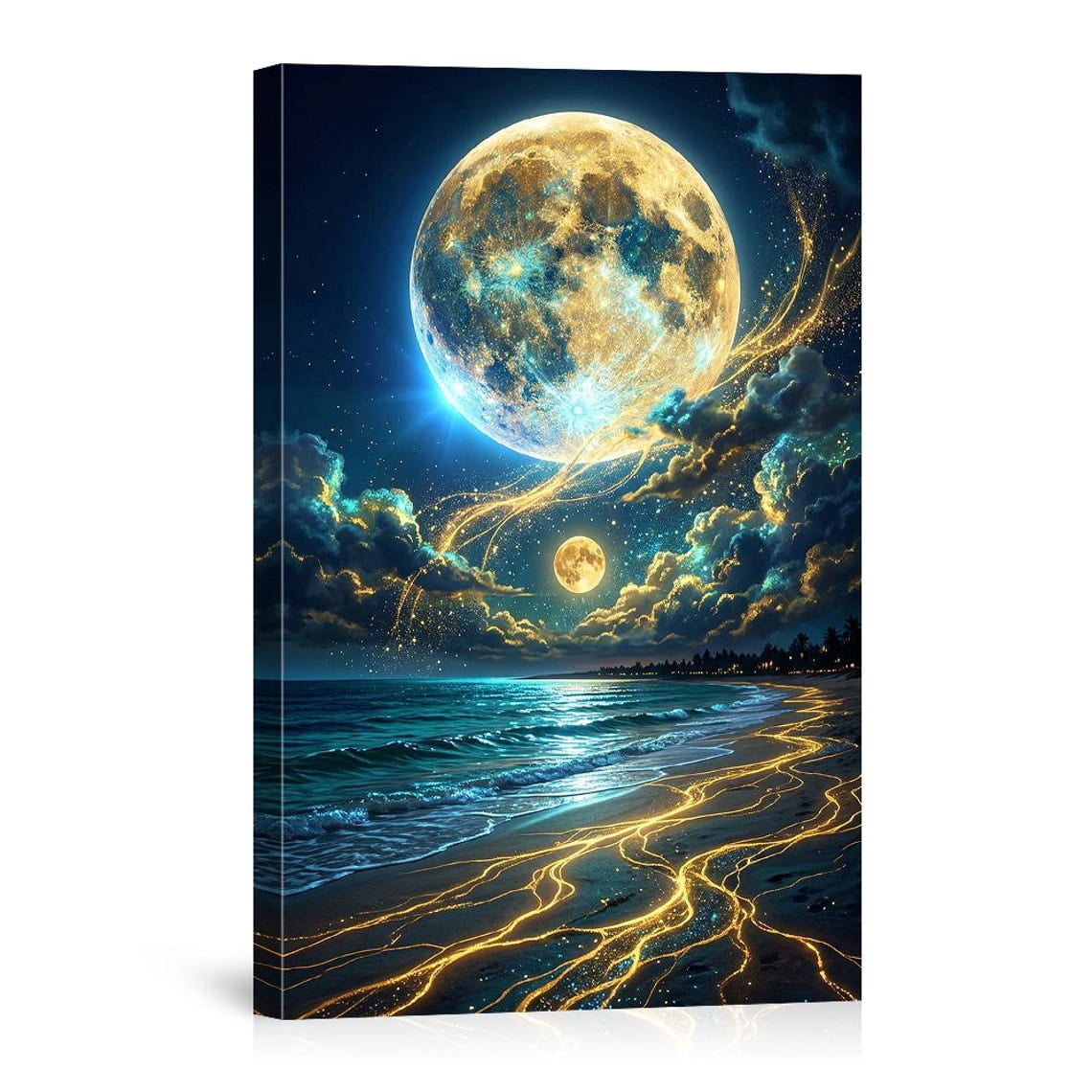 Celestial Moonlit Beach Cosmic Night Sky Ocean Glowing Gold Teal ...
