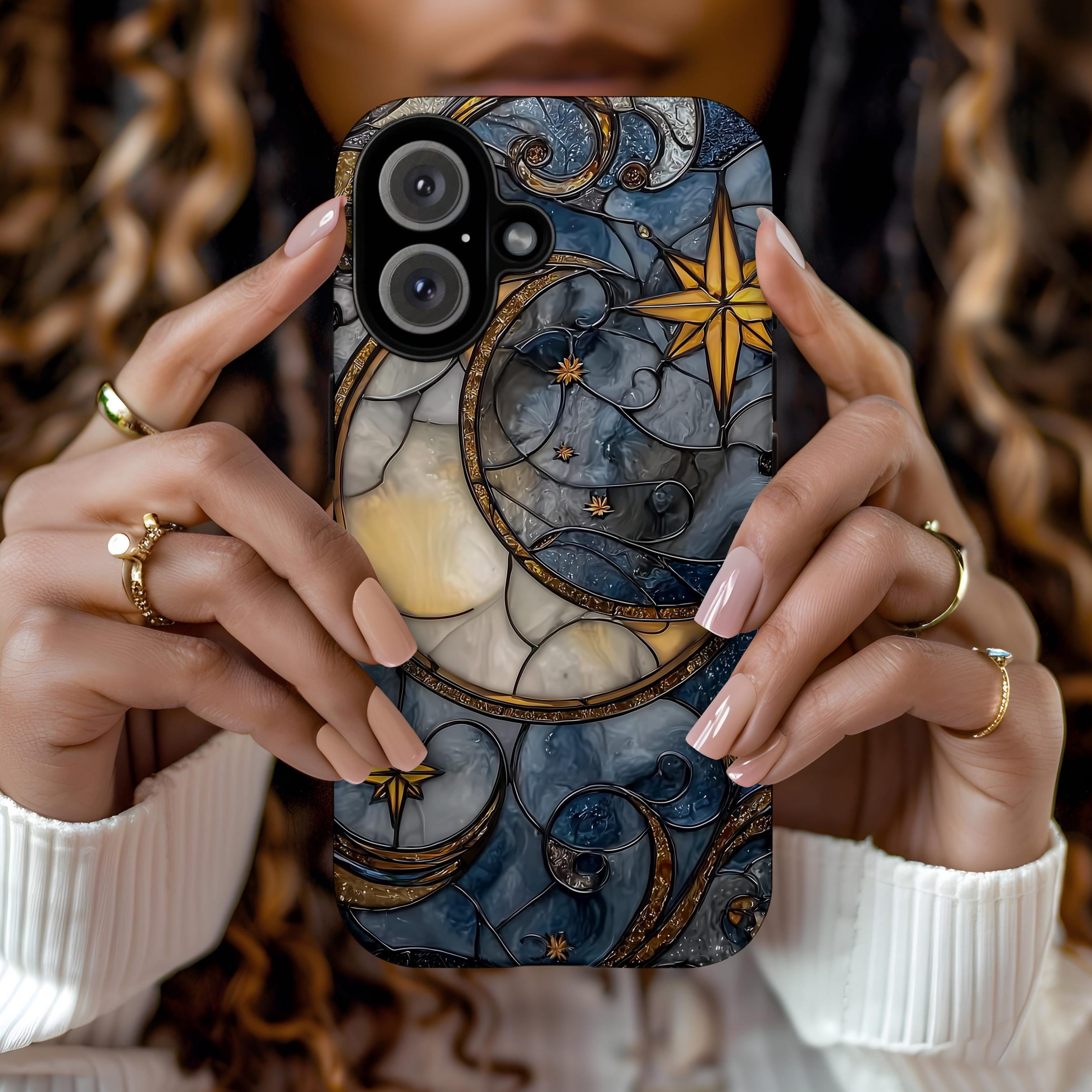 Celestial Mosaic Moon Star Holiday Phone Case for iPhone 17 through 11 ...