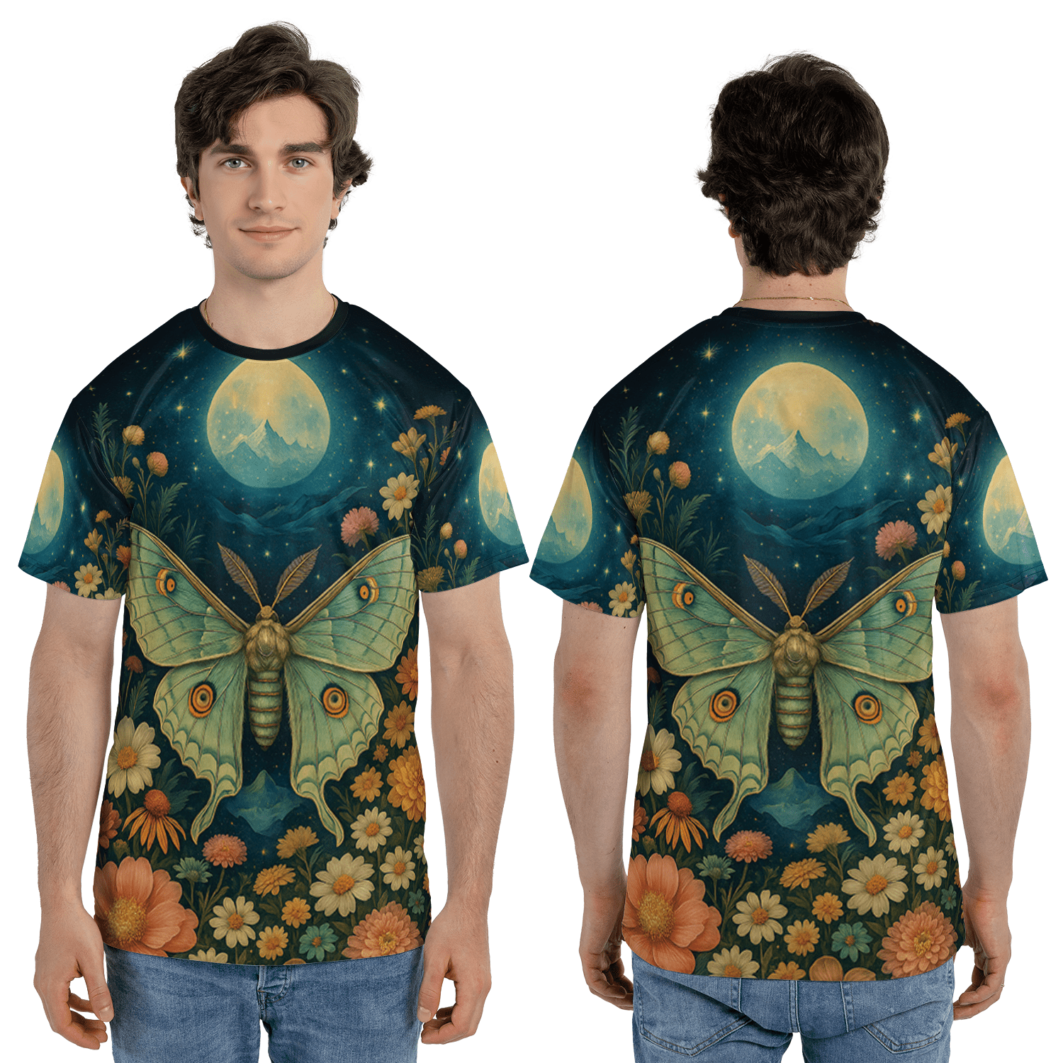 Celestial Moth 3D T-shirt, Moonlight Butterfly Floral 3D Tee, Boho ...