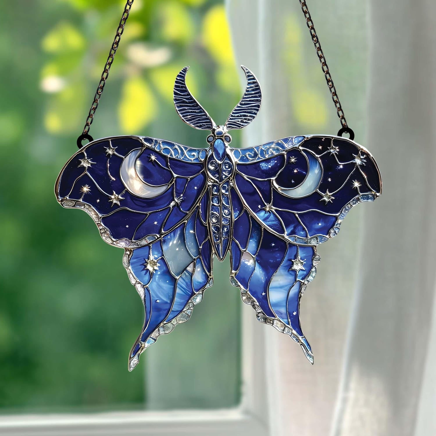 Celestial Moth Acrylic Suncatcher, Midnight Blue Luna Moth Faux Stained ...