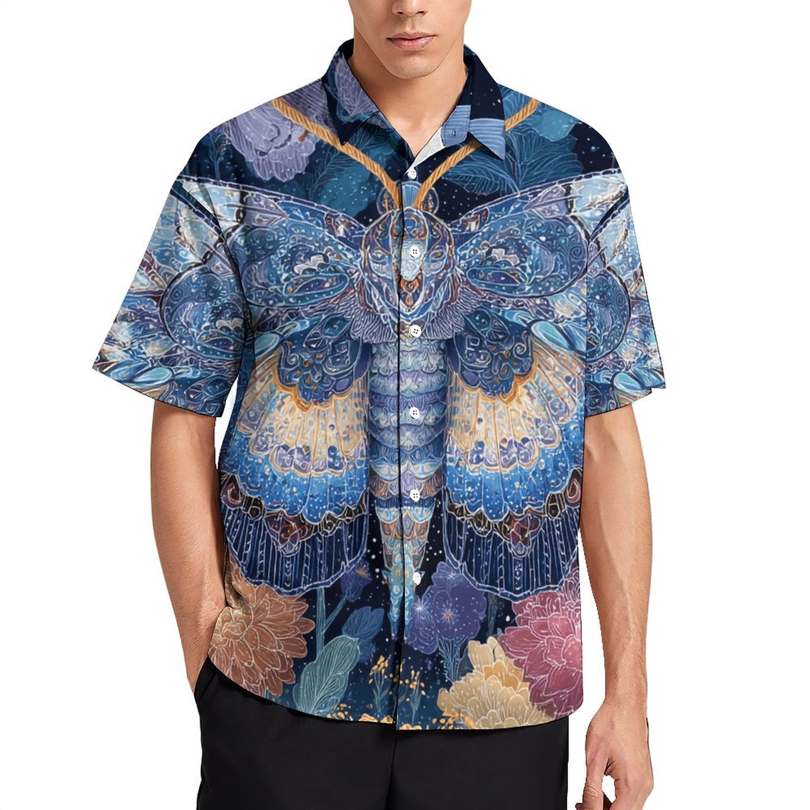 Celestial Moth Amidst Blooming Flowers Men's Shirts Short Sleeve Casual ...