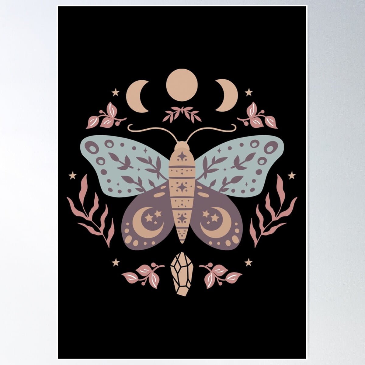 Celestial Moth With Crystal | Witchy Folk Art | Boho Botanical Floral ...