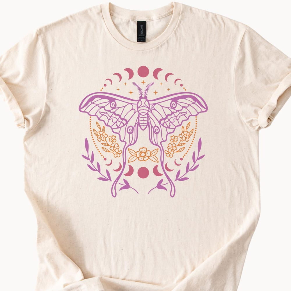 Celestial Moth T-Shirt Moon Phases Botanical Cotton Tee Natural Beige ...
