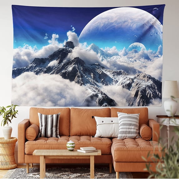 Celestial Mountain Landscape Fabric Wall Hanging, Snow-Capped Peaks and ...