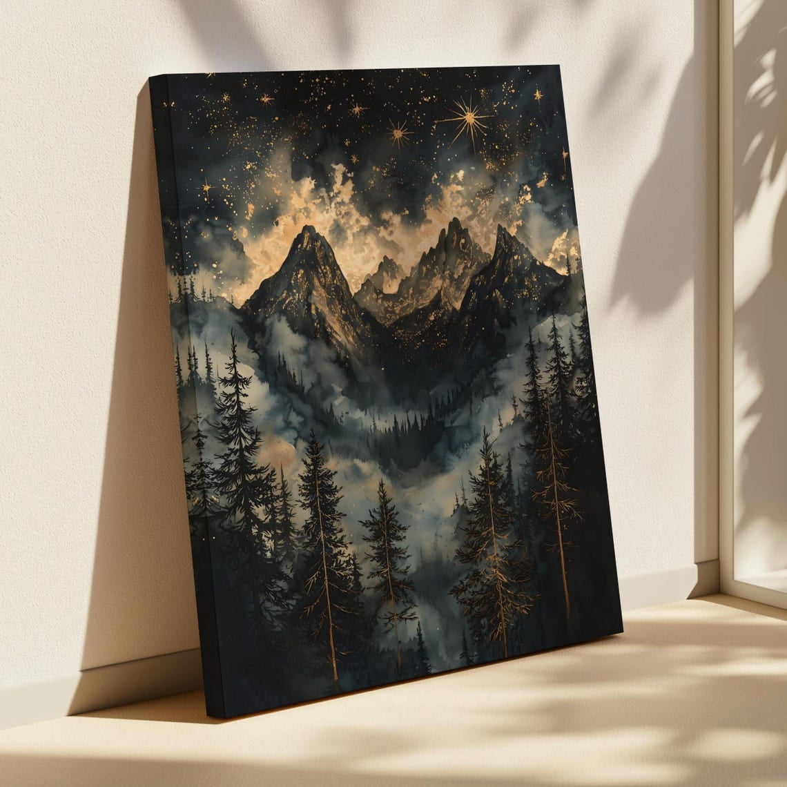 Celestial Mountain Landscape Mystical Forest Wall Art, Starry Night Fantasy Print, Dark Nature ...