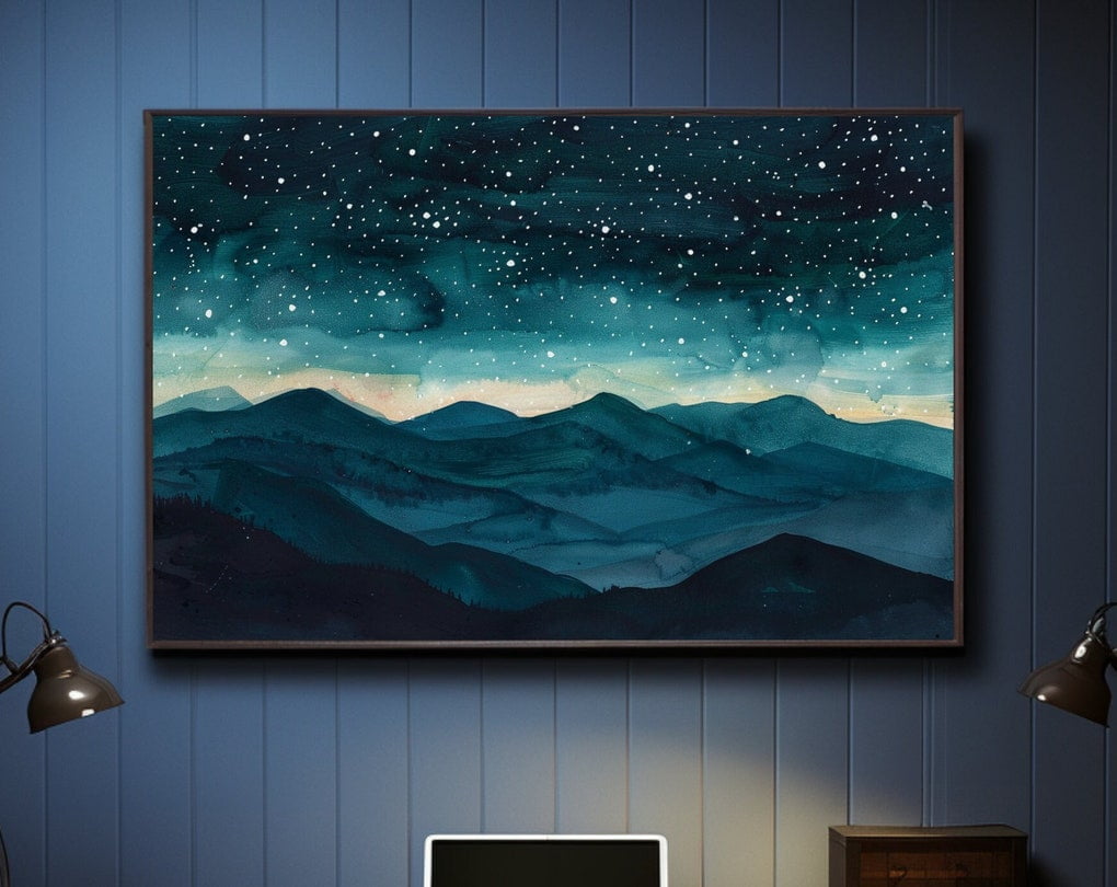 Celestial Mountain , Starry Night Sky Wall Art, Serene Landscape Home Decor, Modern Abstract ...