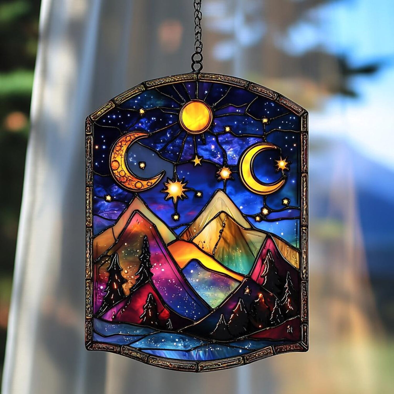 Celestial Mountain Suncatcher - Vibrant Acrylic Window Hanging With Sun ...