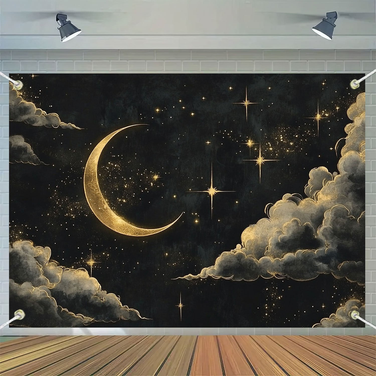 Celestial Night Sky Backdrop Moon Stars Backdrop Gold Clouds Night Sky ...