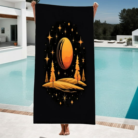 Celestial Orange Glow Beach Towel - Stunning Planet & Star Pattern ...