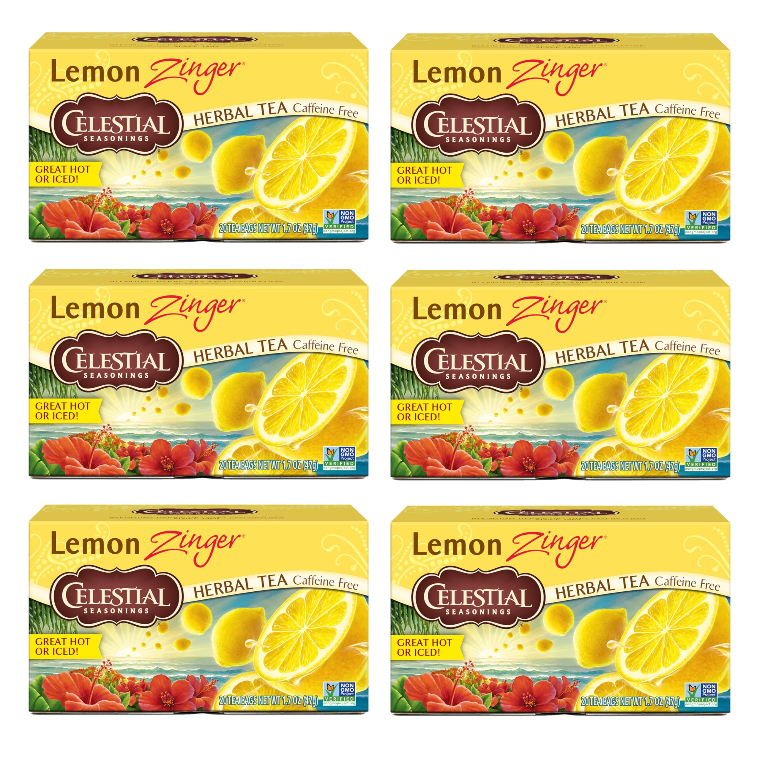 Celestial Seasonings Lemon Zinger Herbal Tea, Caffeine H2FSDFree, 20 Tea Bags Box, (Pack of 6 ...