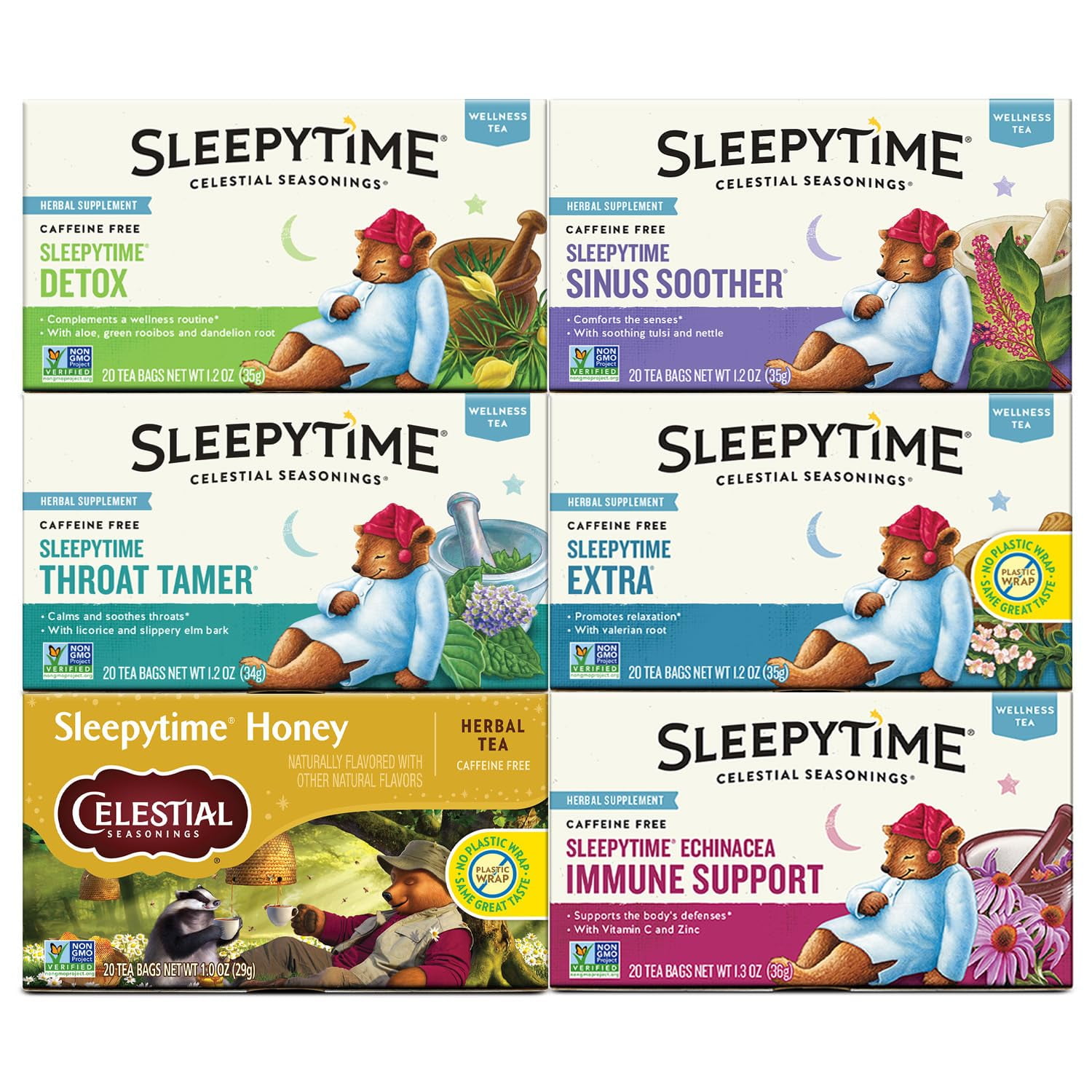 Celestial Seasonings Wellness Tea SAF21 Sleepytime Variety Pack, Detox, Sinus Soother, Throat ...