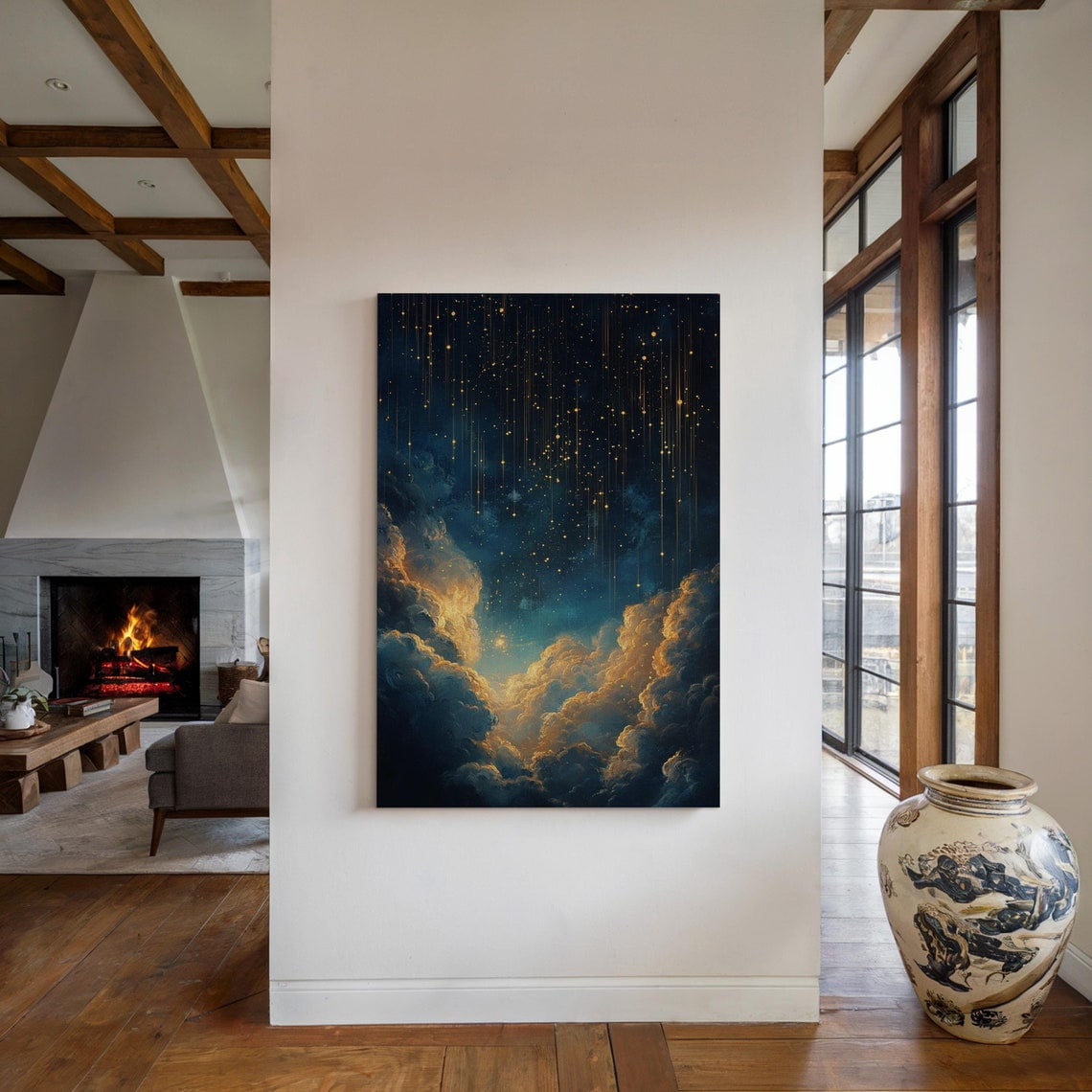 Celestial Sky Wall Art - Glowing Clouds, Golden Starfall, And Night Sky ...