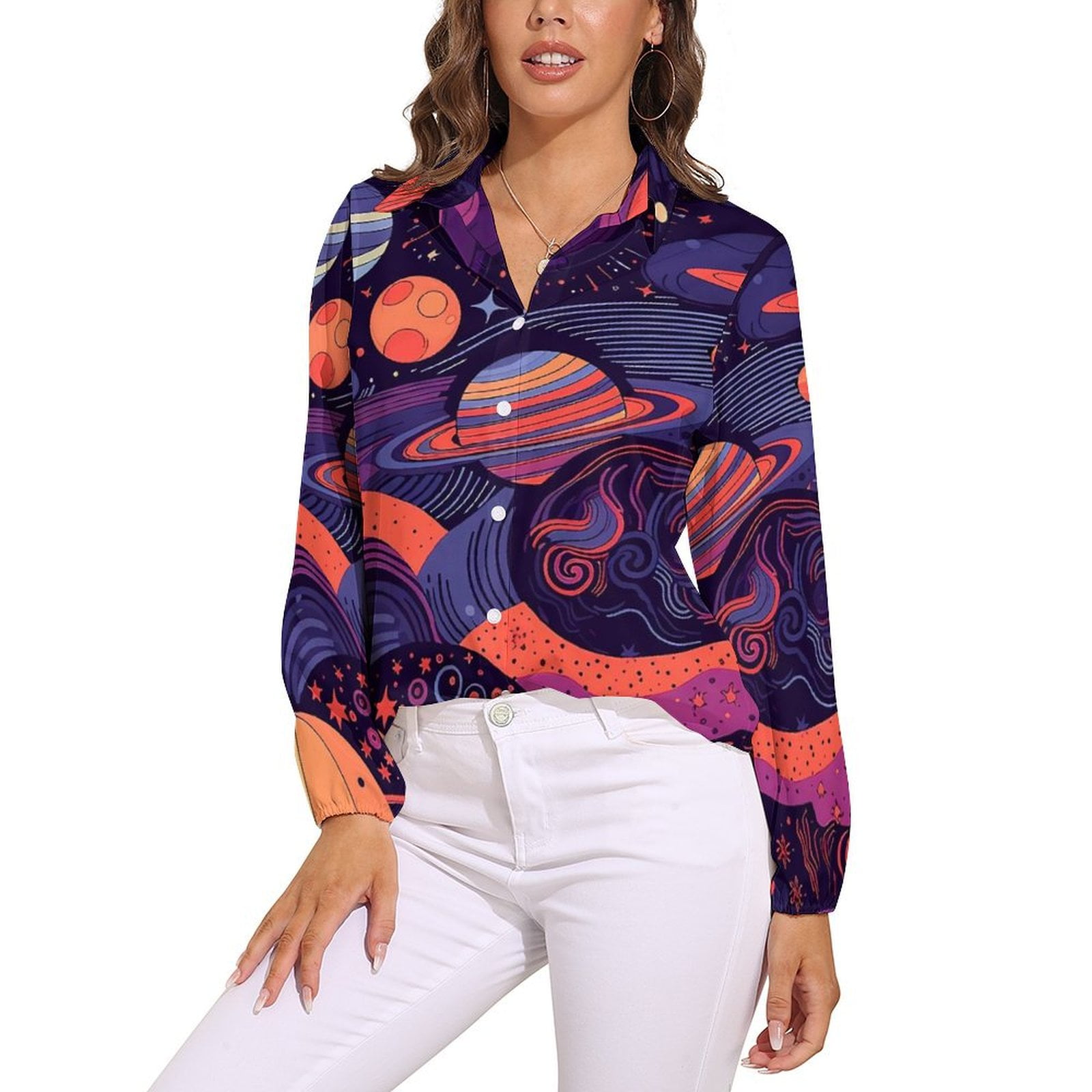 Celestial Space Loose Blouse Solar System Planets Fashion Oversized ...