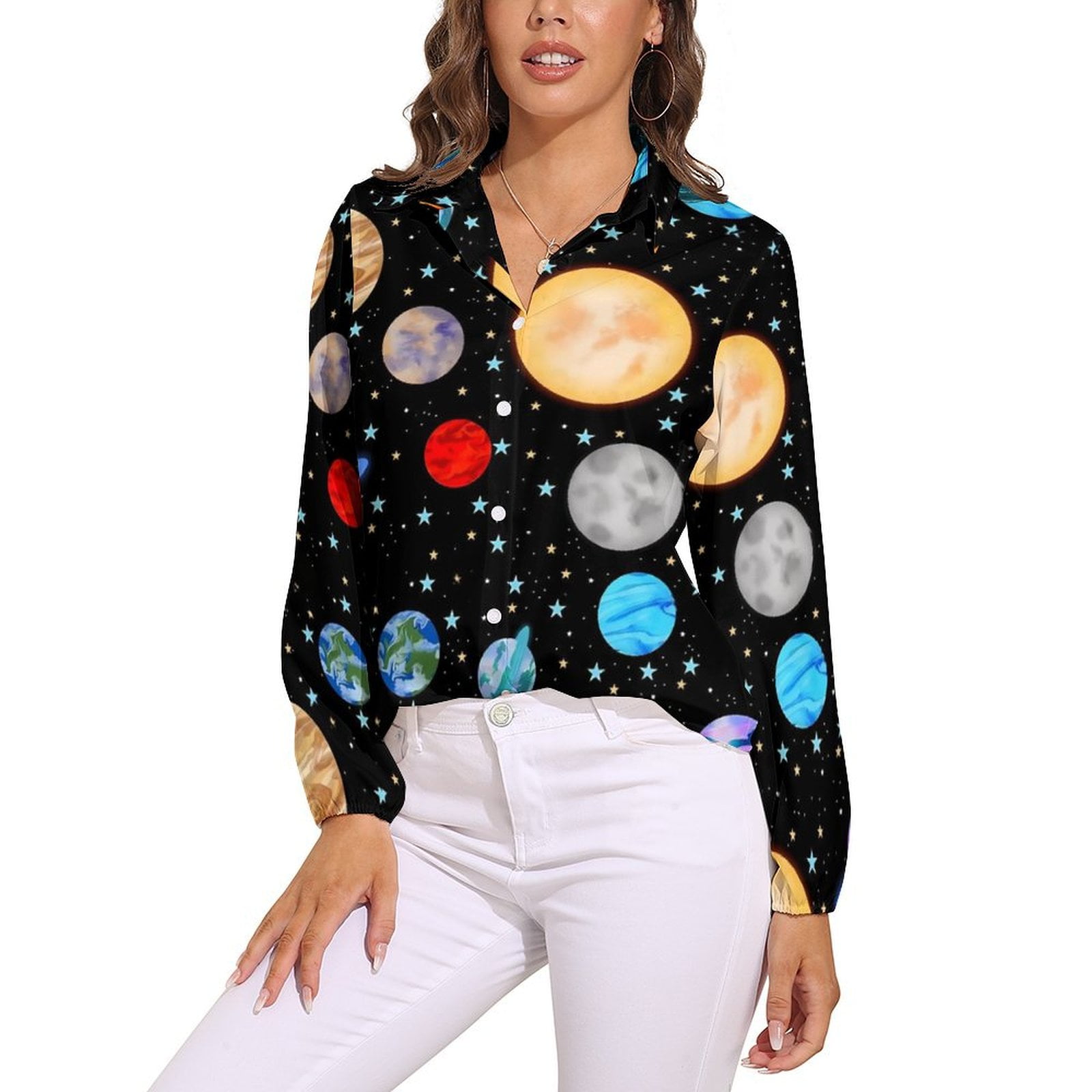 Celestial Space Loose Blouse Solar System Planets Fashion Oversized ...
