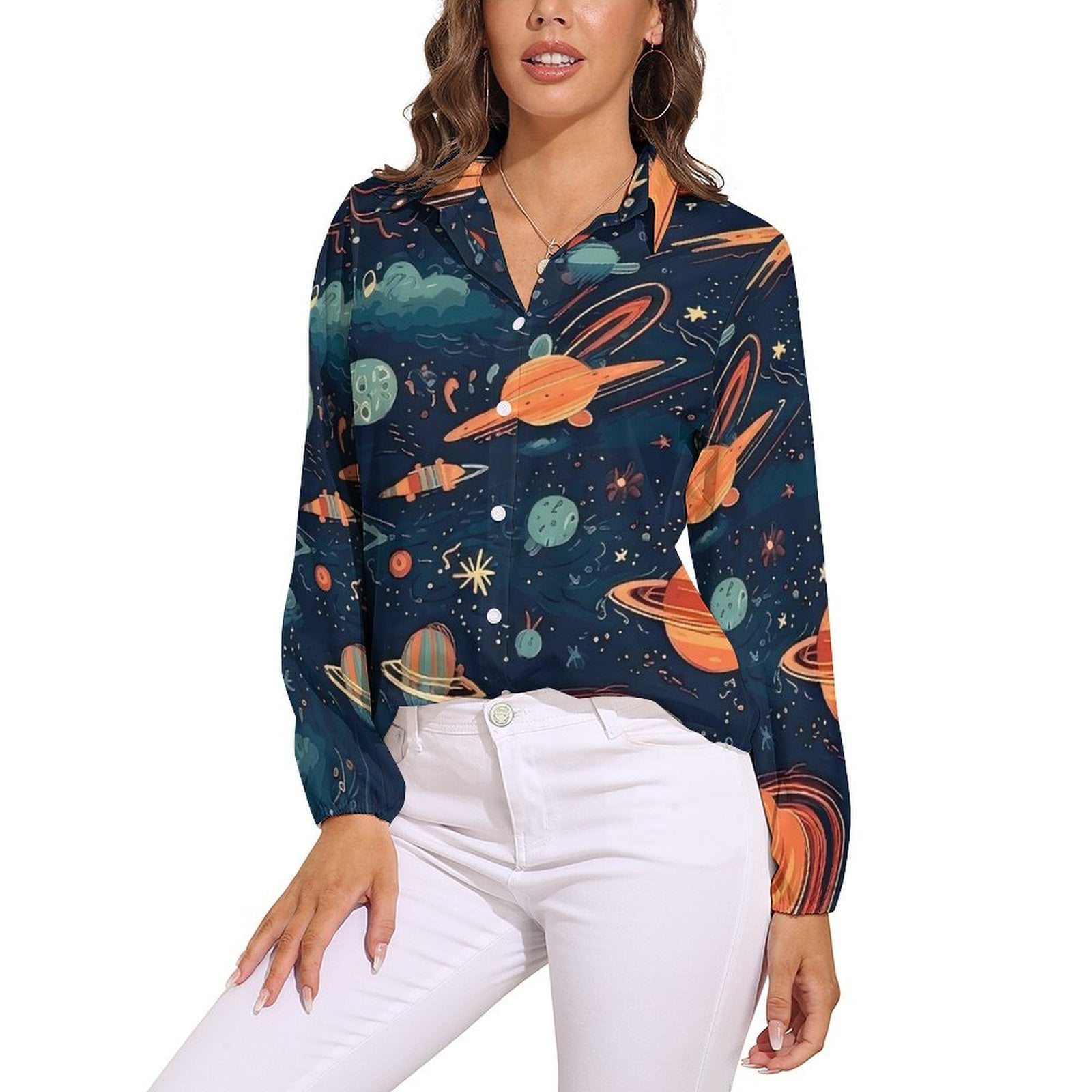 Celestial Space Loose Blouse Solar System Planets Fashion Oversized ...