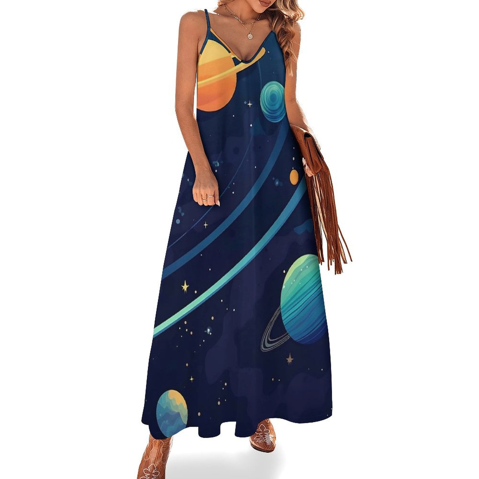 Celestial Space Print Dress Black White Elegant Maxi Dress V Neck Boho ...