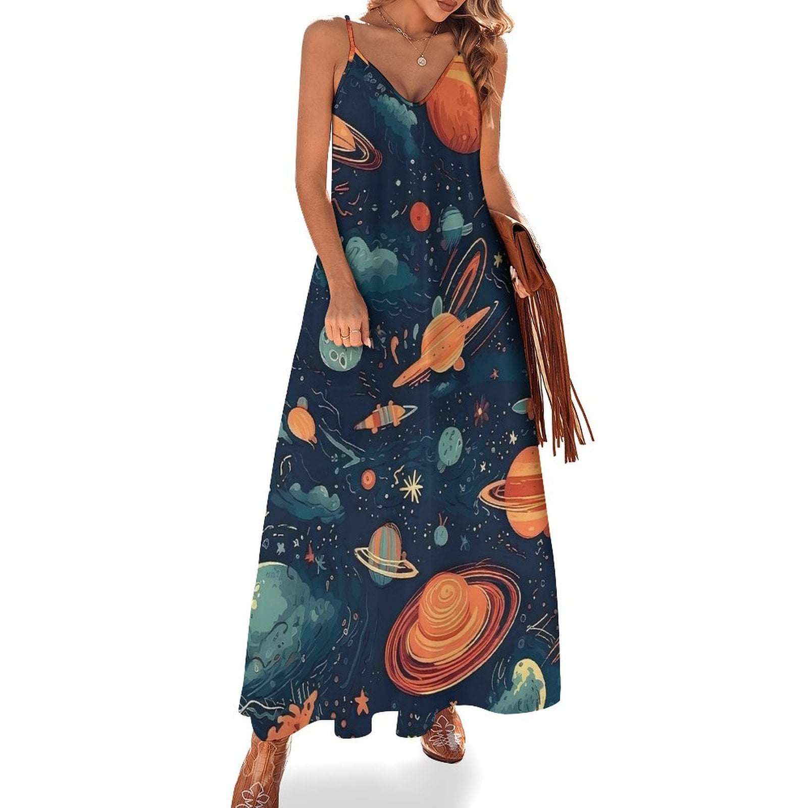 Celestial Space Print Dress Black White Elegant Maxi Dress V Neck Boho ...